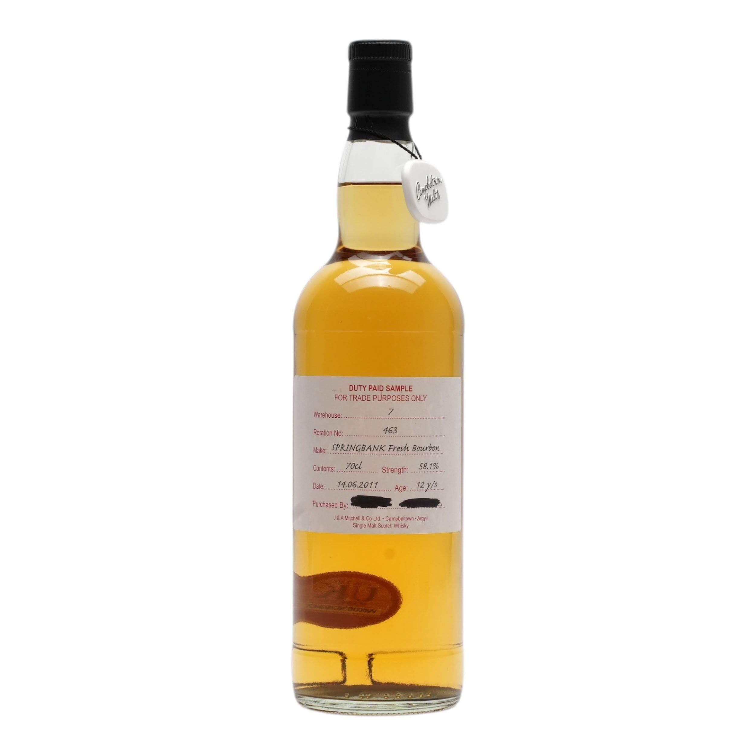 Springbank 12 Year Old Fresh Bourbon Duty Paid Sample Cage Bottle ...